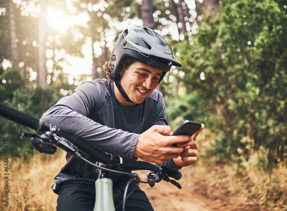 Cycling man in forest, phone gps and map direction with adventure ...