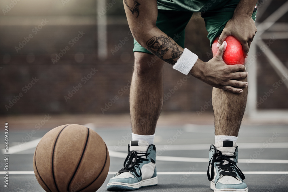 Sports, injury in basketball and knee pain or athlete man while on an ...
