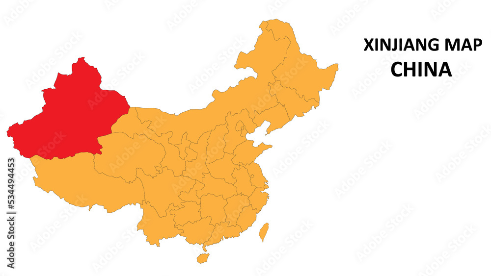 Xinjiang province map highlighted on China map with detailed state and ...