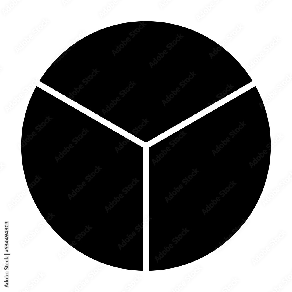 Pie chart, diagram. Black filled circle, no stroke, divided in thirds ...