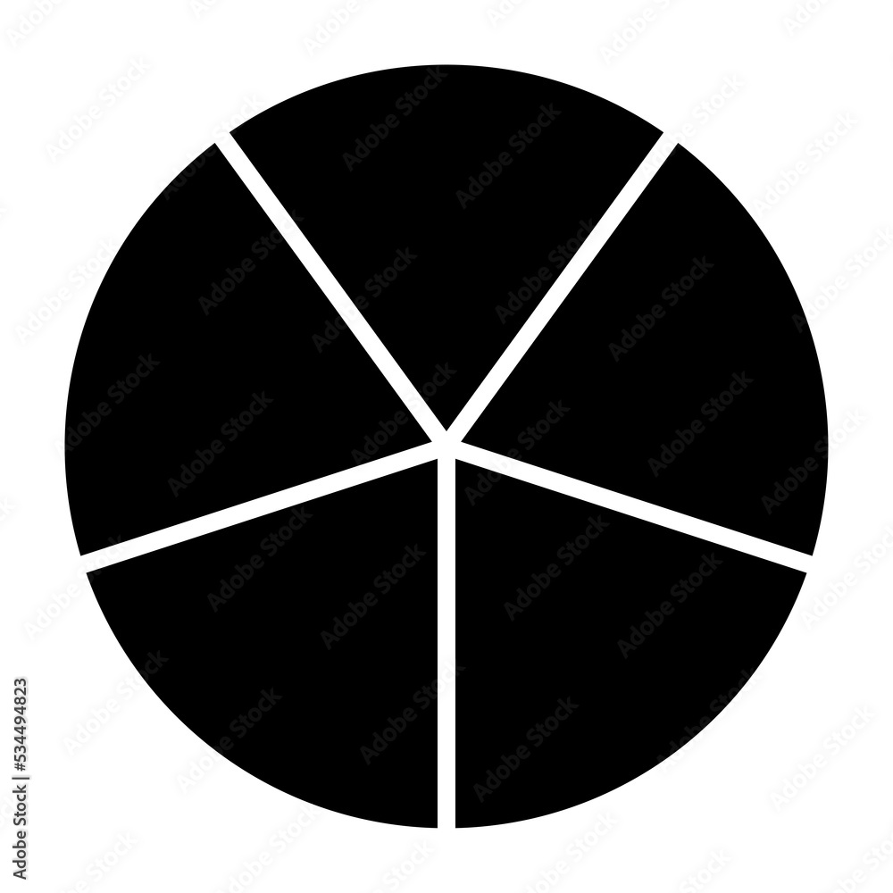Pie chart, diagram. Black filled circle, no stroke, divided in fifths, in five, 5, parts ...