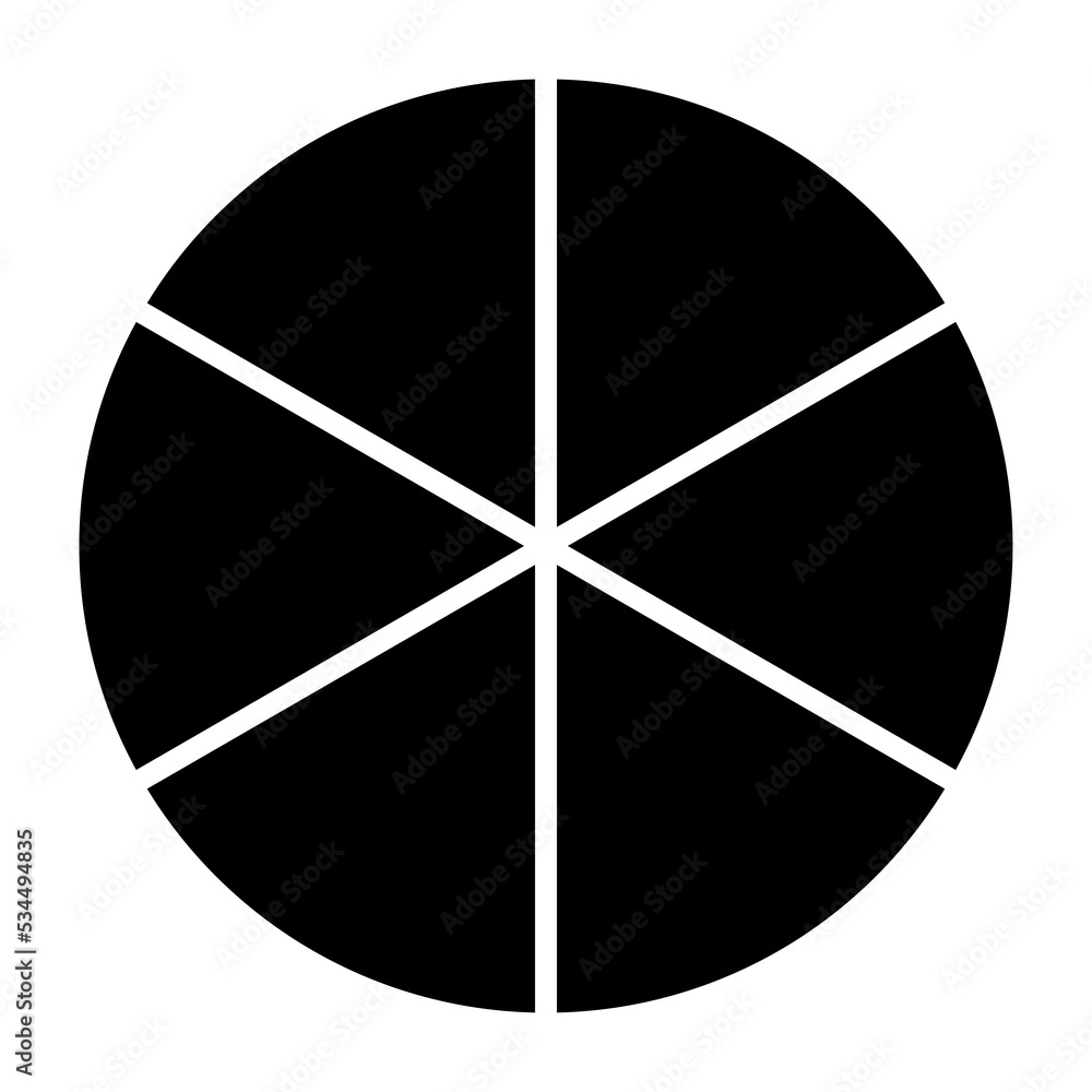 Pie chart, diagram. Black filled circle, no stroke, divided in sixths ...