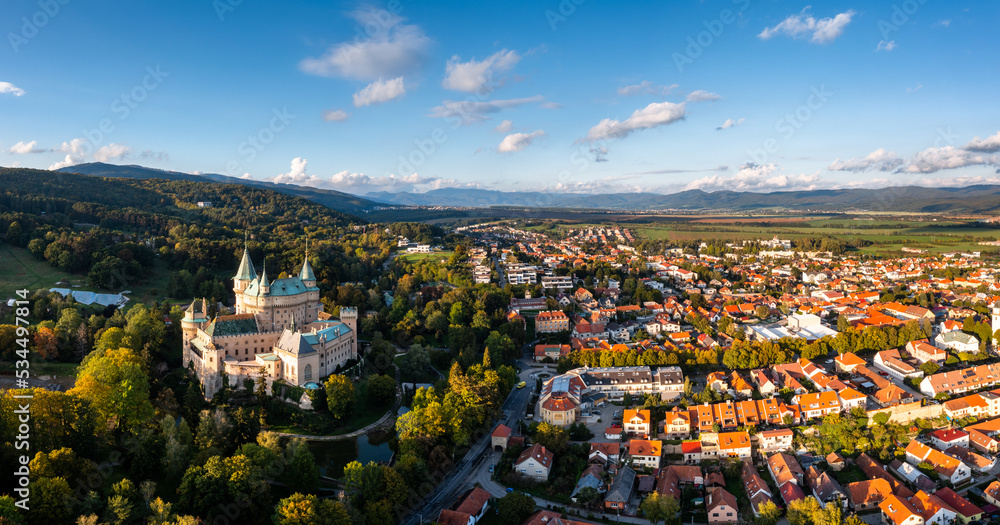 panorama view of Bojnice village and the historic fairy tale castle in ...