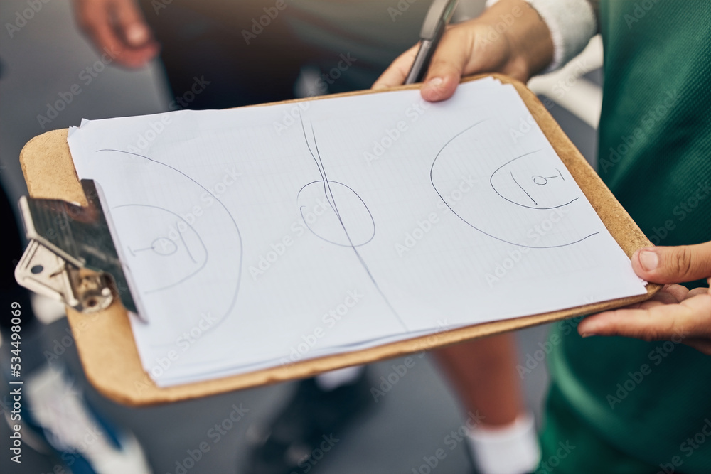 Basketball coach, planning strategy and team sports court floor plan ...