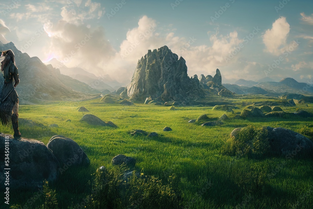 A beautiful landscape with a female warrior in dense shiny armor, she ...