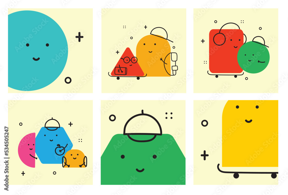 Set of Various bright Geometric Figures with face emotions. Different ...