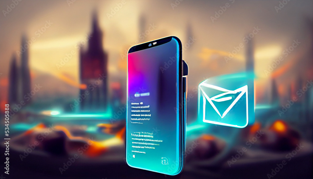 send email or receive e-mail concept, smartphone in hands, future ...