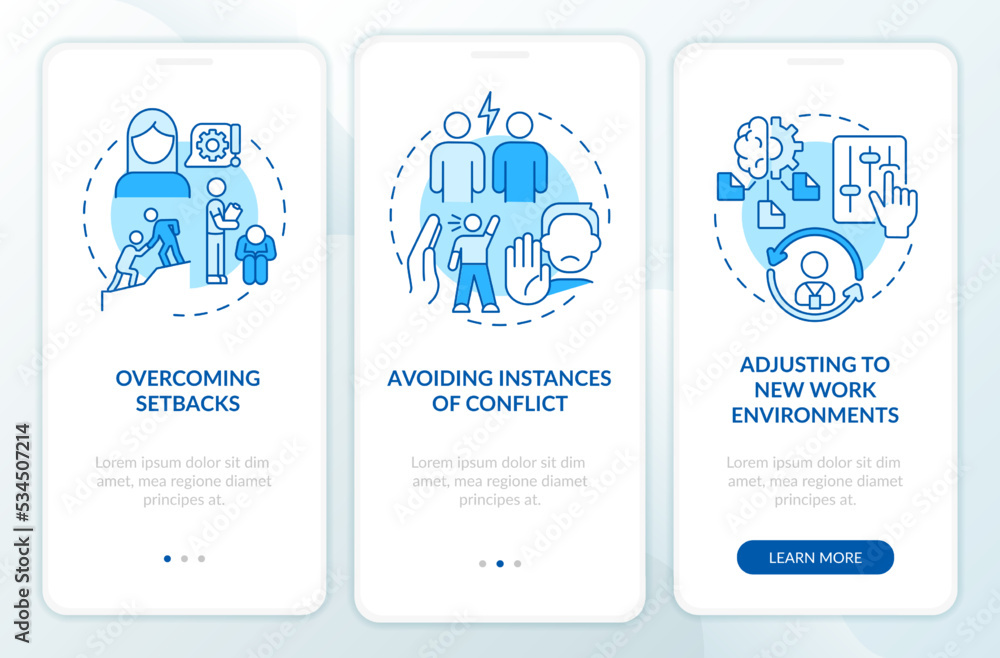 Resilient employees blue onboarding mobile app screen. HR leadership ...