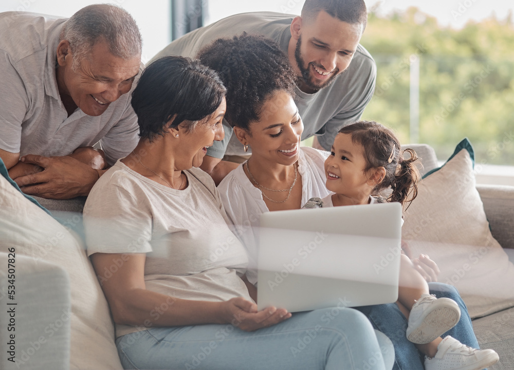 Happy, laptop and big family streaming a movie, relaxing and bonding ...