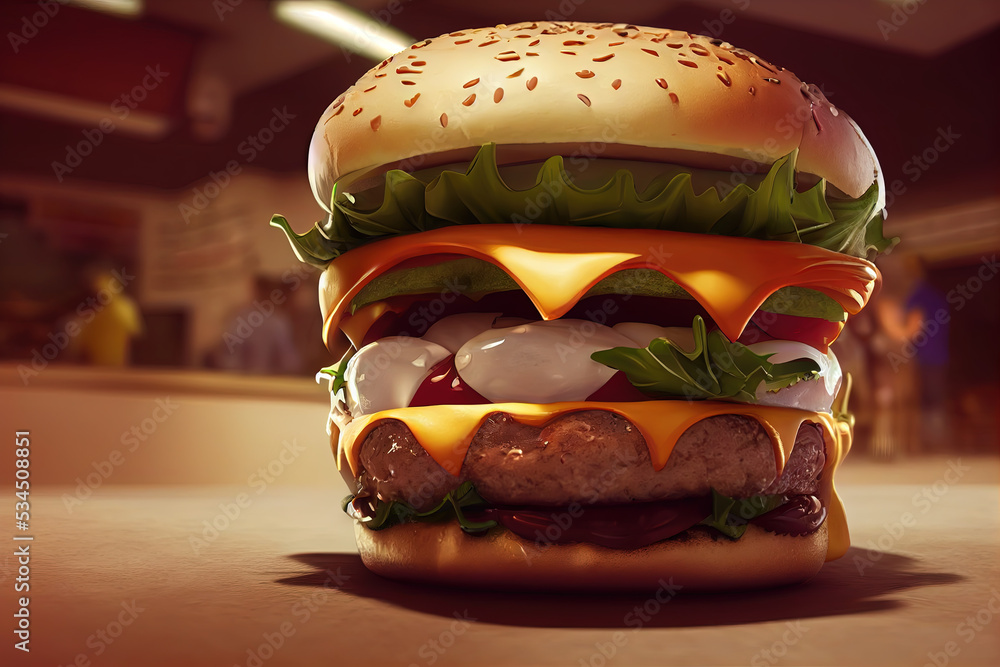 Cartoon cheeseburger with lettuce, cheese, tomato and buns. Digital ...