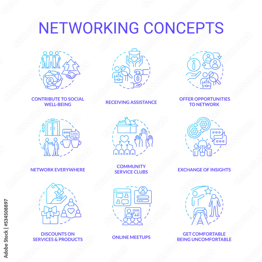 Networking blue gradient concept icons set. Increase professionals ...