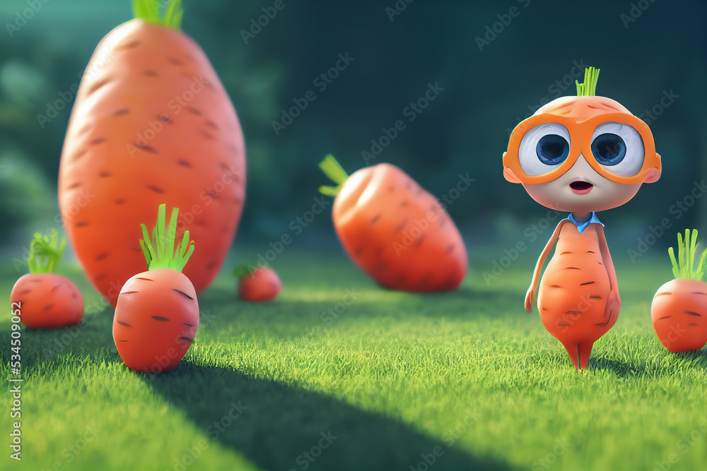 3D cartoon of a carrot baby hero surrounded by other carrot vegetables ...