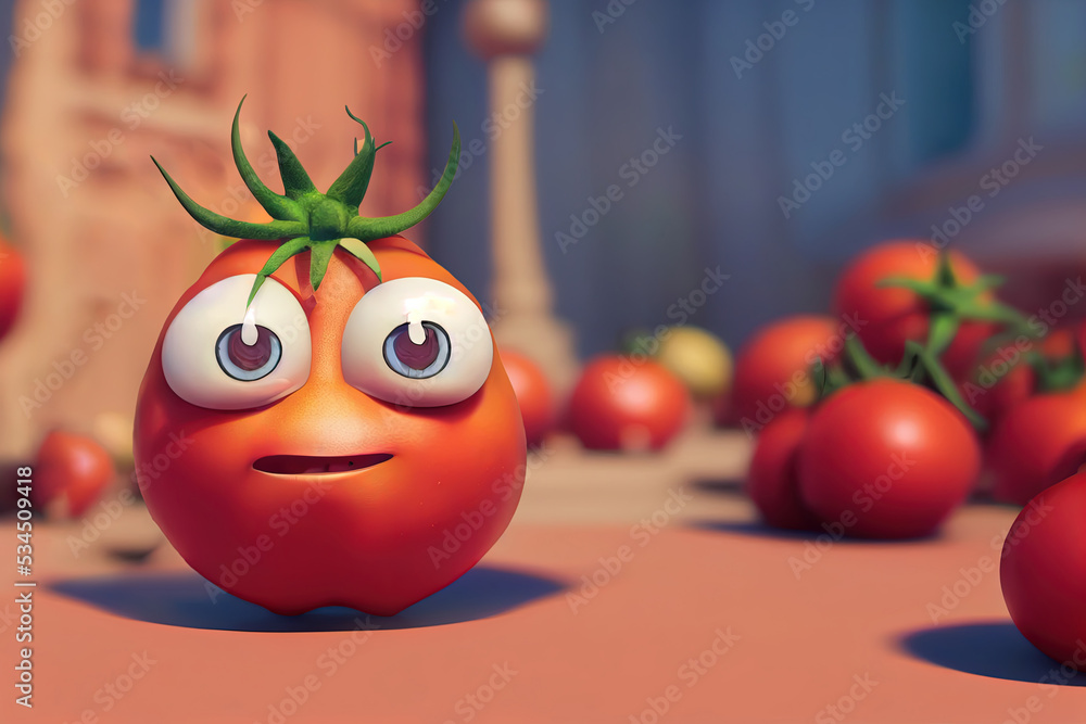 Cartoon tomato, surrounded by other tomatoes. Animation style vegetable ...