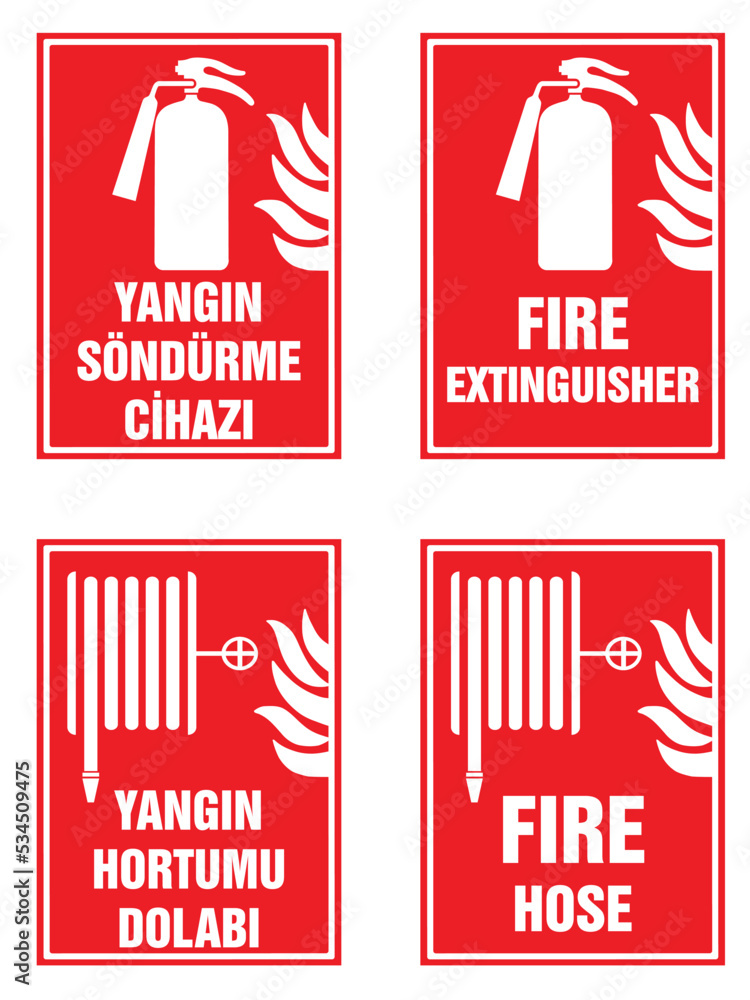 Fires red and white sign board with a fire extinguisher Red Fire ...