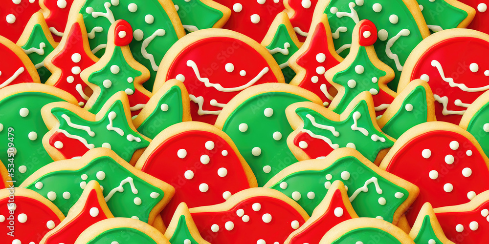 Many red and green christmas cookies with icing as seamless pattern ...