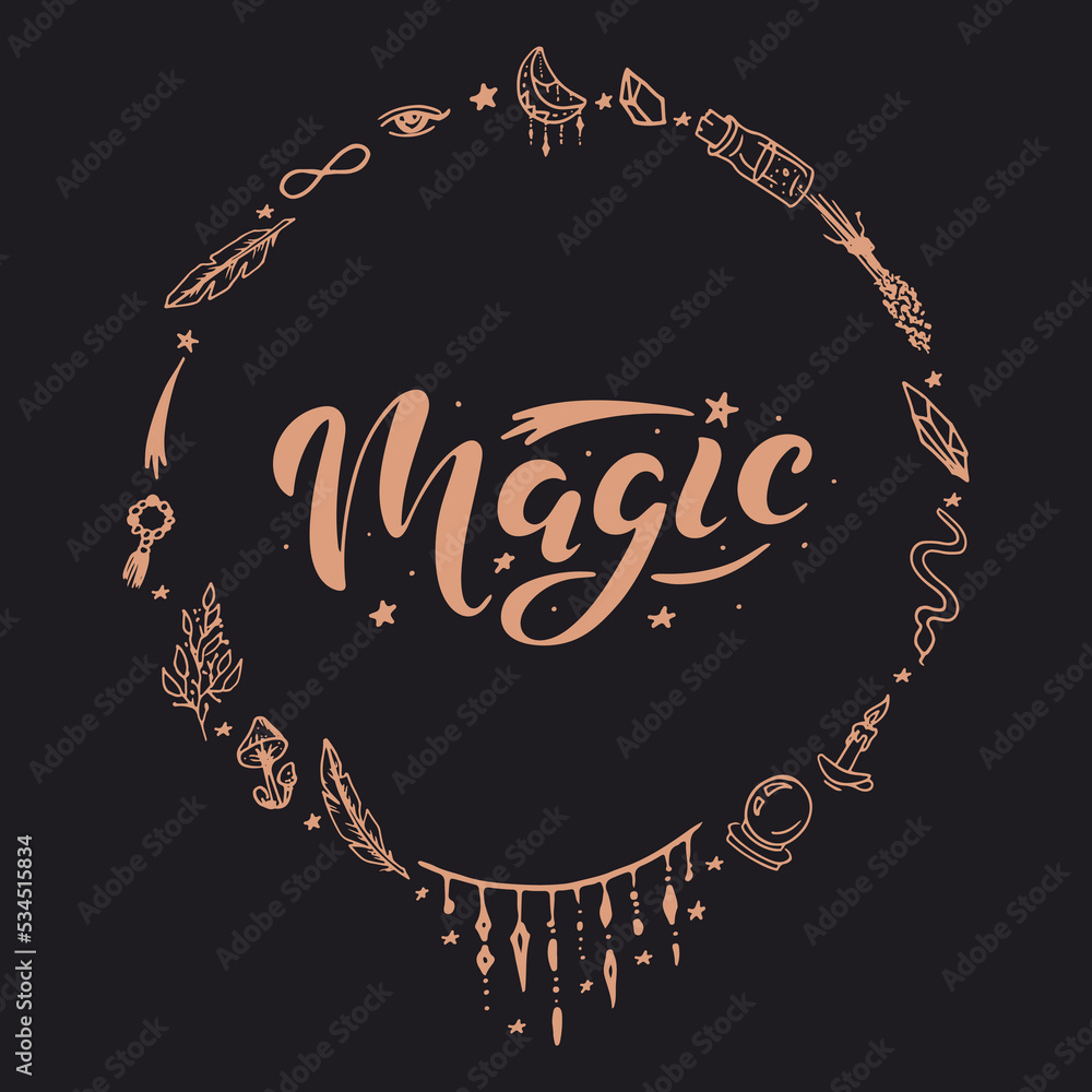 Magic, letters, wreath of magical background for witches and wizards ...