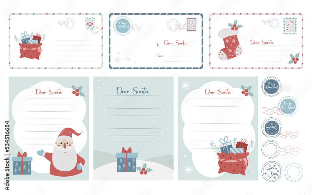 Christmas collection templates. Letter to Santa Claus, new year postal ...
