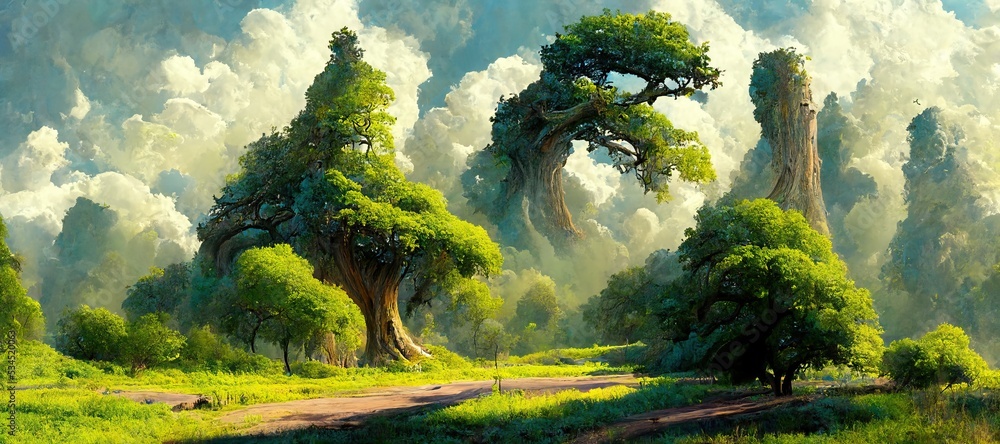 Lush green fairytale forest, majestic ancient oak trees - pristine ...