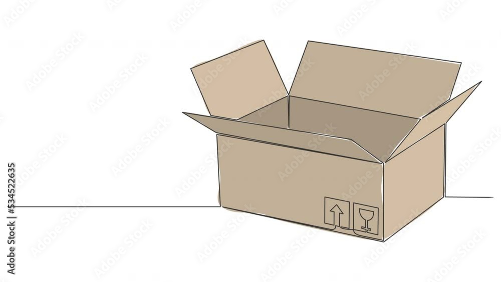 animated single line drawing of open cardboard box isolated on white ...