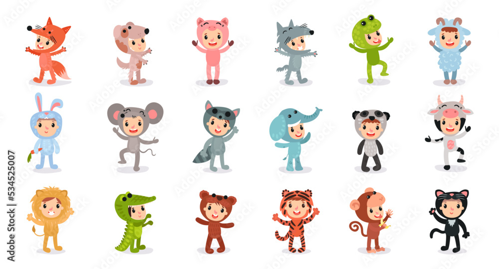 Cute Kid Characters Wearing Animal Costumes and Outfit Vector Big Set ...