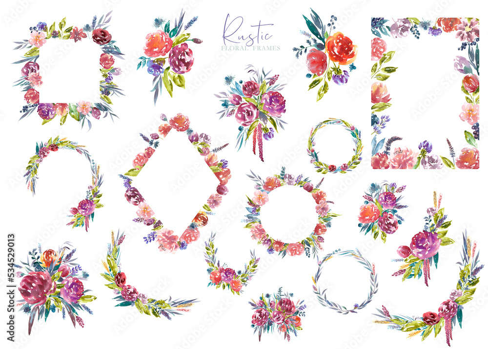 Watercolor rustic flower frame,wreath,border, banner illustration set ...