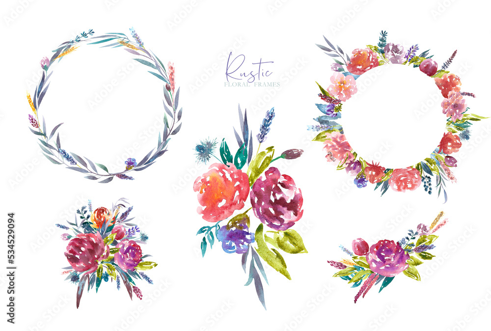 Watercolor rustic flower frame,wreath,border, banner illustration set ...