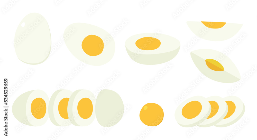 Vetor de Vector set of sliced hard boiled egg clipart. Simple whole, half, a quarter, cut sliced ...