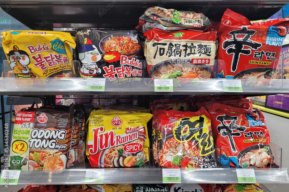 PENANG, MALAYSIA - 16 SEP 2022: Various choice of Korean spicy instant ...