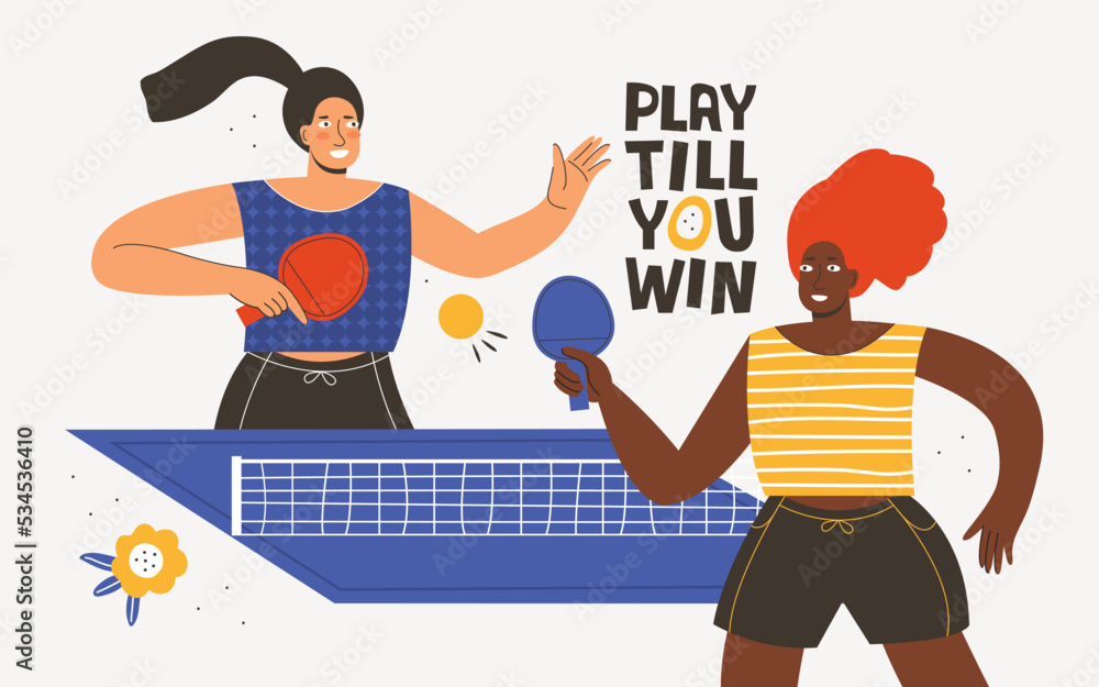 Two female athletes of different skin colors playing ping pong. Table ...