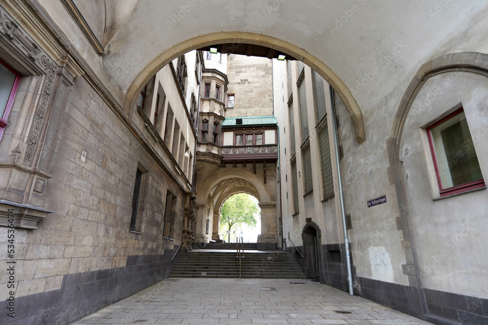 Duisburg City Hall historic building, exterior detail with the arch ...