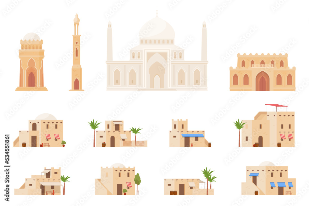 Set of traditional Arabian buildings. Islamic architecture. Huts in hot ...