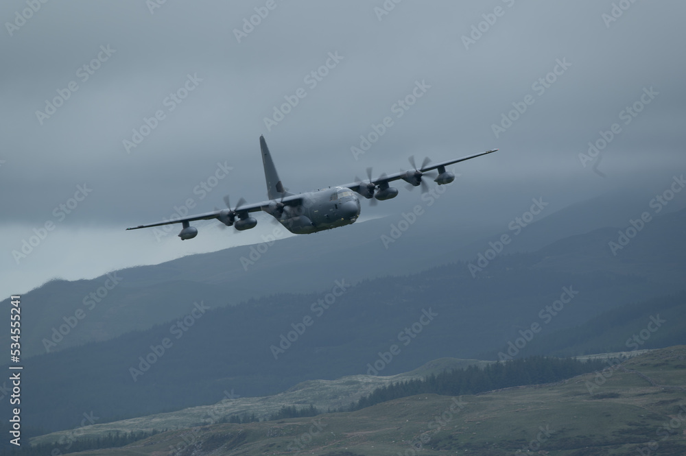 C-130 Hercules transport aircraft low level flying training in mach ...