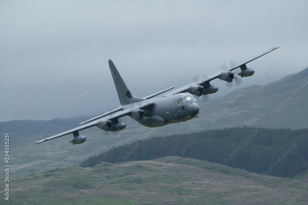 C-130 Hercules transport aircraft low level flying training in mach ...