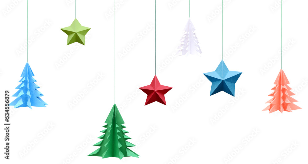 Haning origami paper stars and trees with string Stock Photo | Adobe Stock
