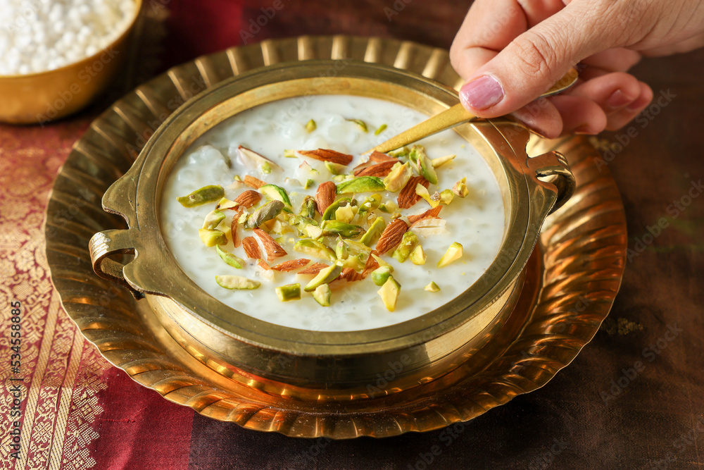 Sabudana Kheer thick pudding with tapioca pearls sago dessert cassava ...