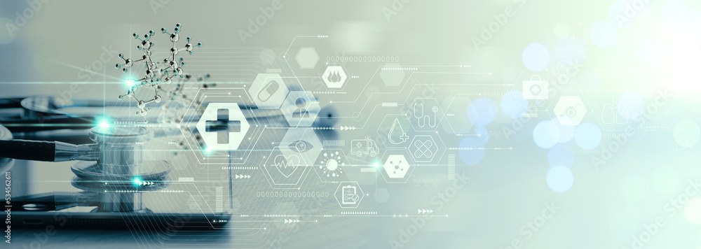 stethoscope and digital tablet with virtual electronic medical record ...