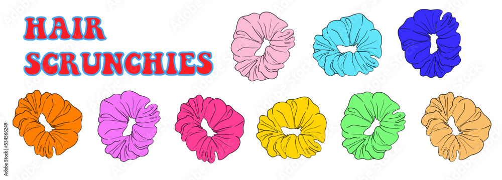 Hair scrunchies. Lettering. Colourful hand drawn illustration of hair ...
