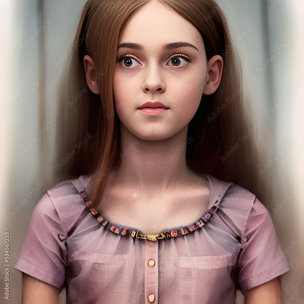 Beautiful cartoon like young girl with long hair and pink blouse ...