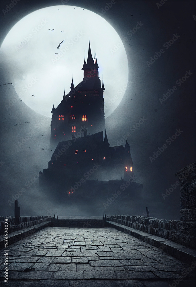 Spooky Dracula castle, Painting of haunted mansion Stock Illustration | Adobe Stock