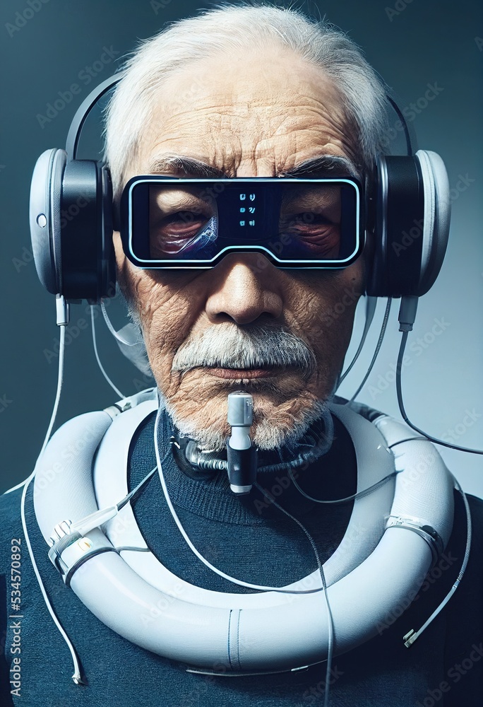 Fictional portrait of a grandfather in a futuristic cyberpunk style ...