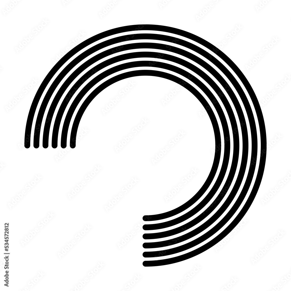Concentric three quarters circles. Black outlined ring shapes. Isolated ...