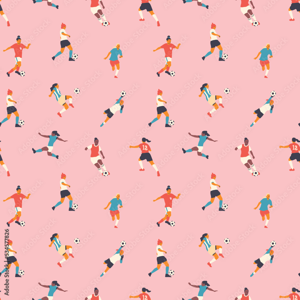 Diverse all women soccer player team drawing seamless pattern. Colorful ...
