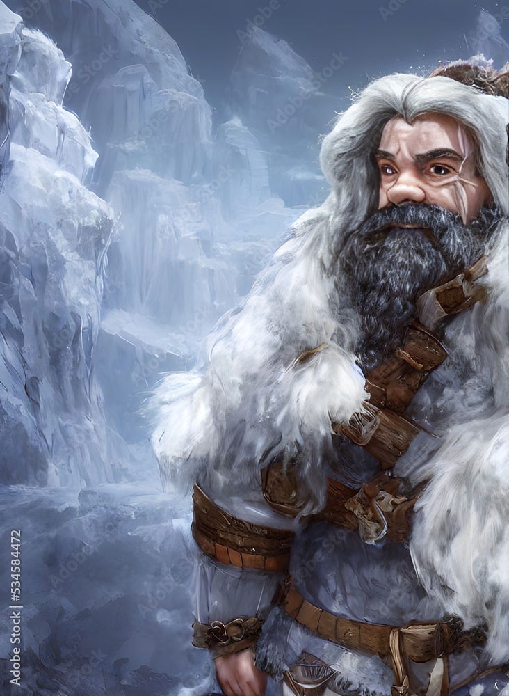 dwarf with one eye blind and winter landscape mountains and rocks in ...