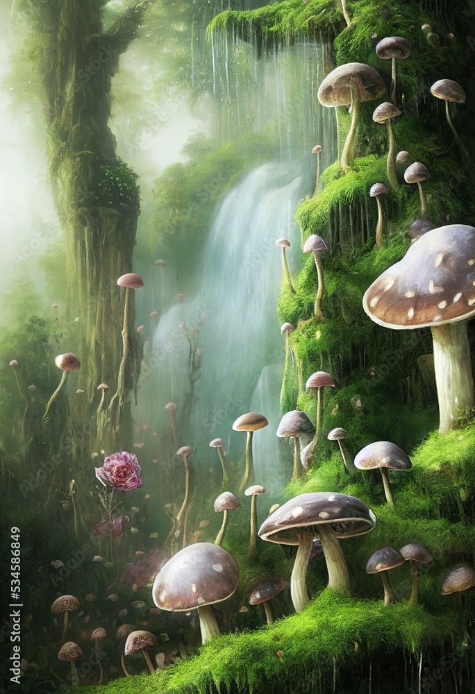 Surreal fantasy land with large forest full of all sizes mushrooms ...