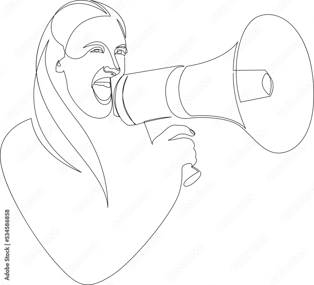 Single continuous line drawing of young woman shouting loudly using ...