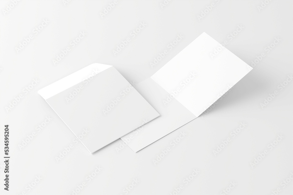 Square Folded Invitation Card With Envelope White Blank 3D Rendering ...