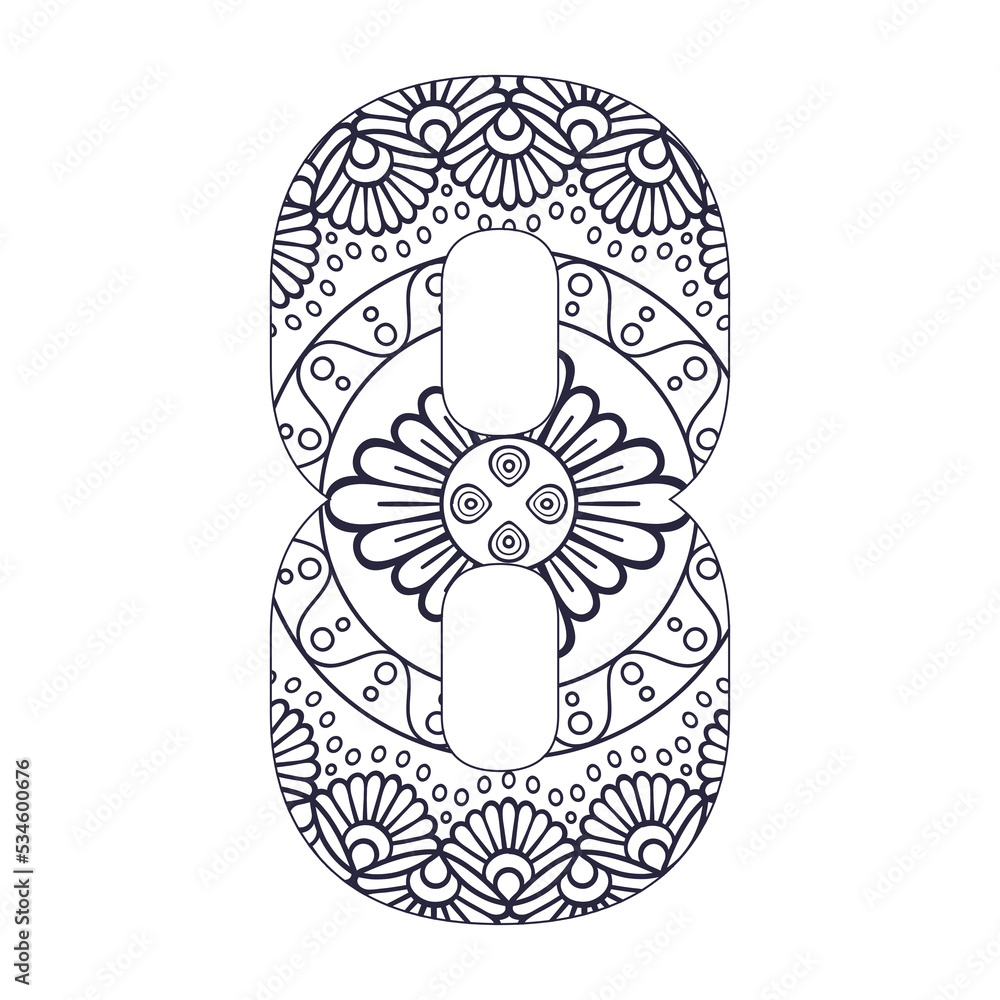 mandala number 8 coloring page with vector illustration Ornamental font ...