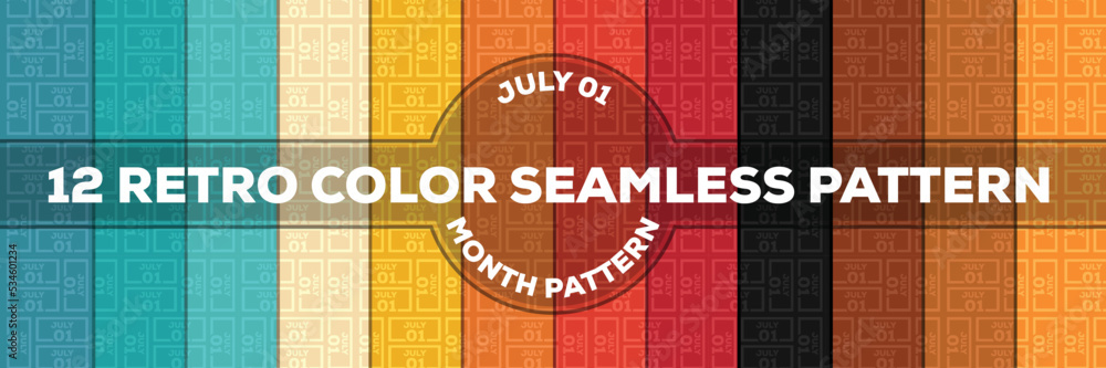 12 Retro 1960s Color Seamless Pattern for July Month. The first date of ...