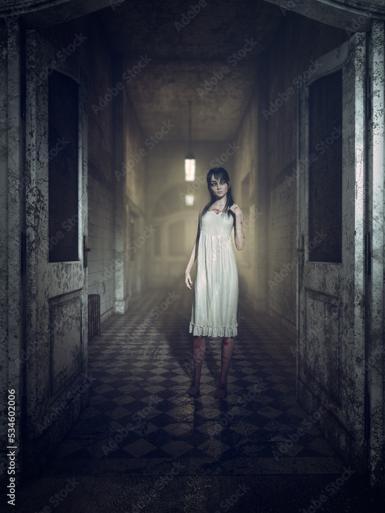 Ghost girl standing in corridor of haunted hospital or asylum wearing ...