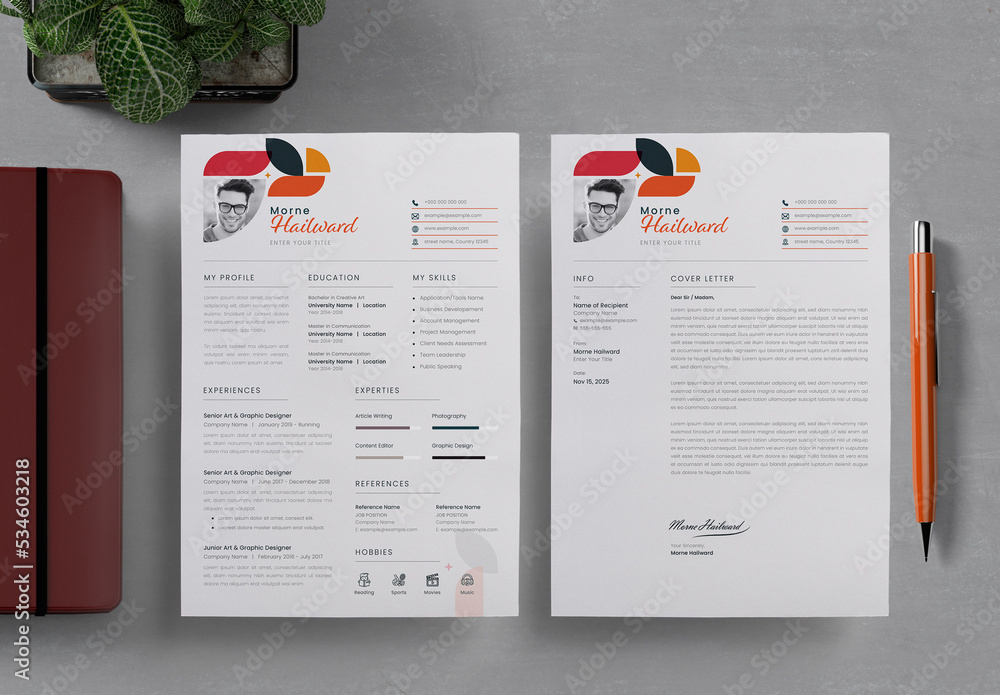 Resume Layouts with Cover Letter Layout Multicolored Accents Stock ...